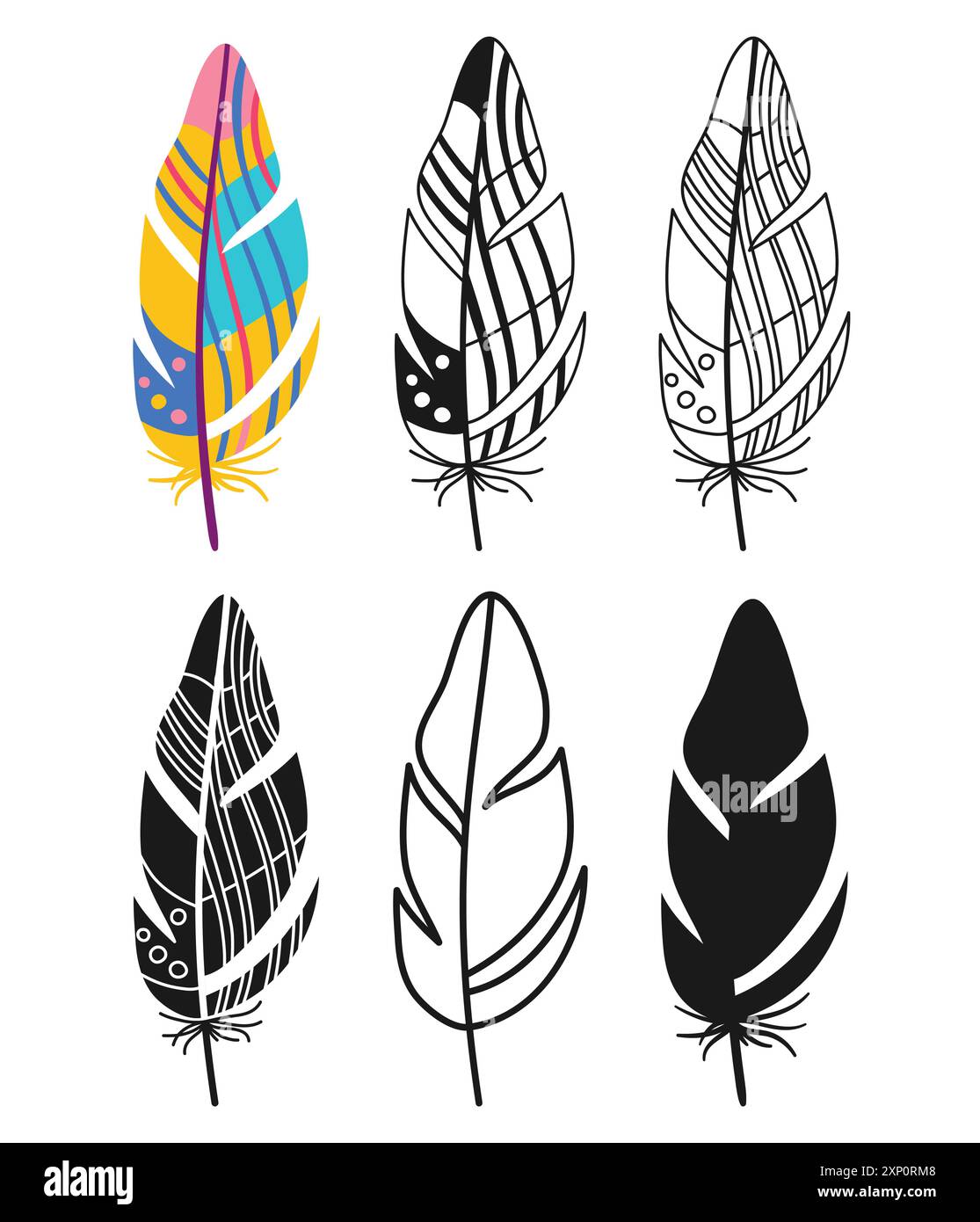 Feather linear icon, cartoon symbol set. Hand drawn colorful stylized ...