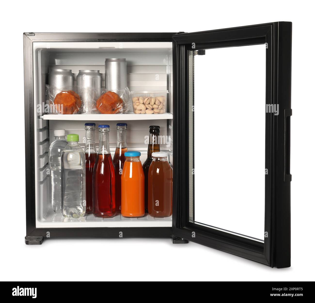 Mini refrigerator with drinks and snacks isolated on white Stock Photo ...