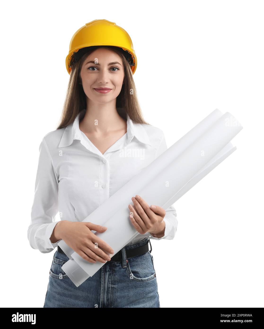 Engineer in hard hat with drafts on white background Stock Photo - Alamy
