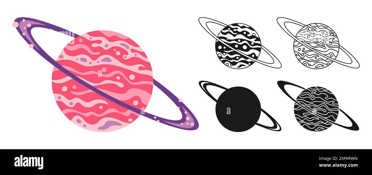Fantasy Planet with ring cartoon set for children. Fantastic cosmos ...