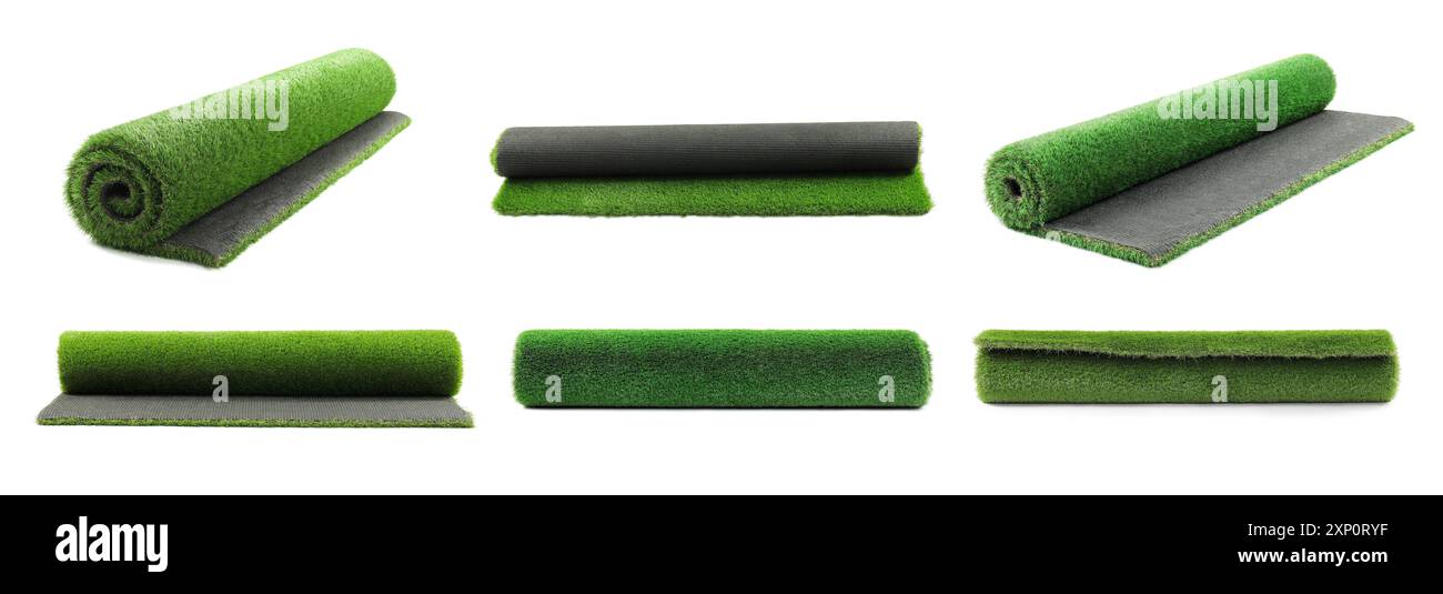 Rolls of green artificial turf isolated on white, set Stock Photo - Alamy