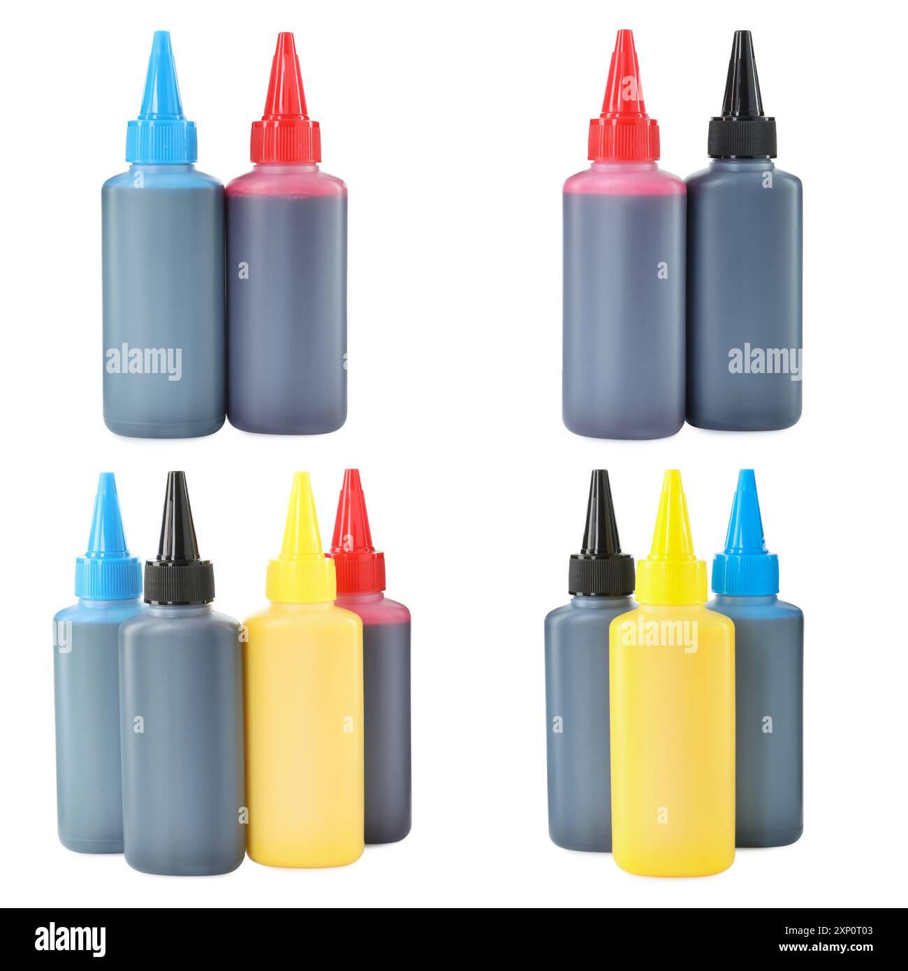 Printer ink of different colors in bottles isolated on white, set Stock ...