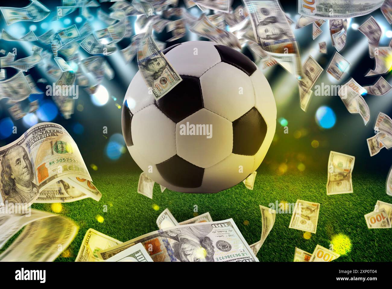 Money and soccer ball in air at stadium Stock Photo - Alamy