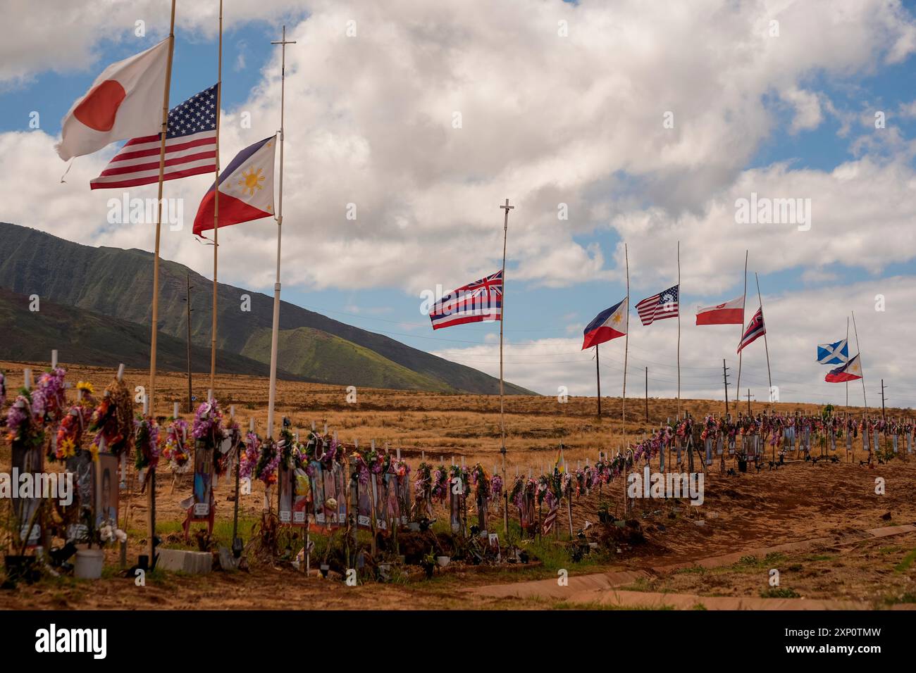 Flags fly over a memorial for the victims of the 2023 wildfire ...