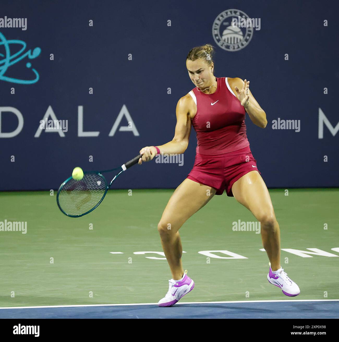 August 2, 2024: Arena Sabalenka hits a shot during the 2024 Mubadala Citi DC Open tennis ...