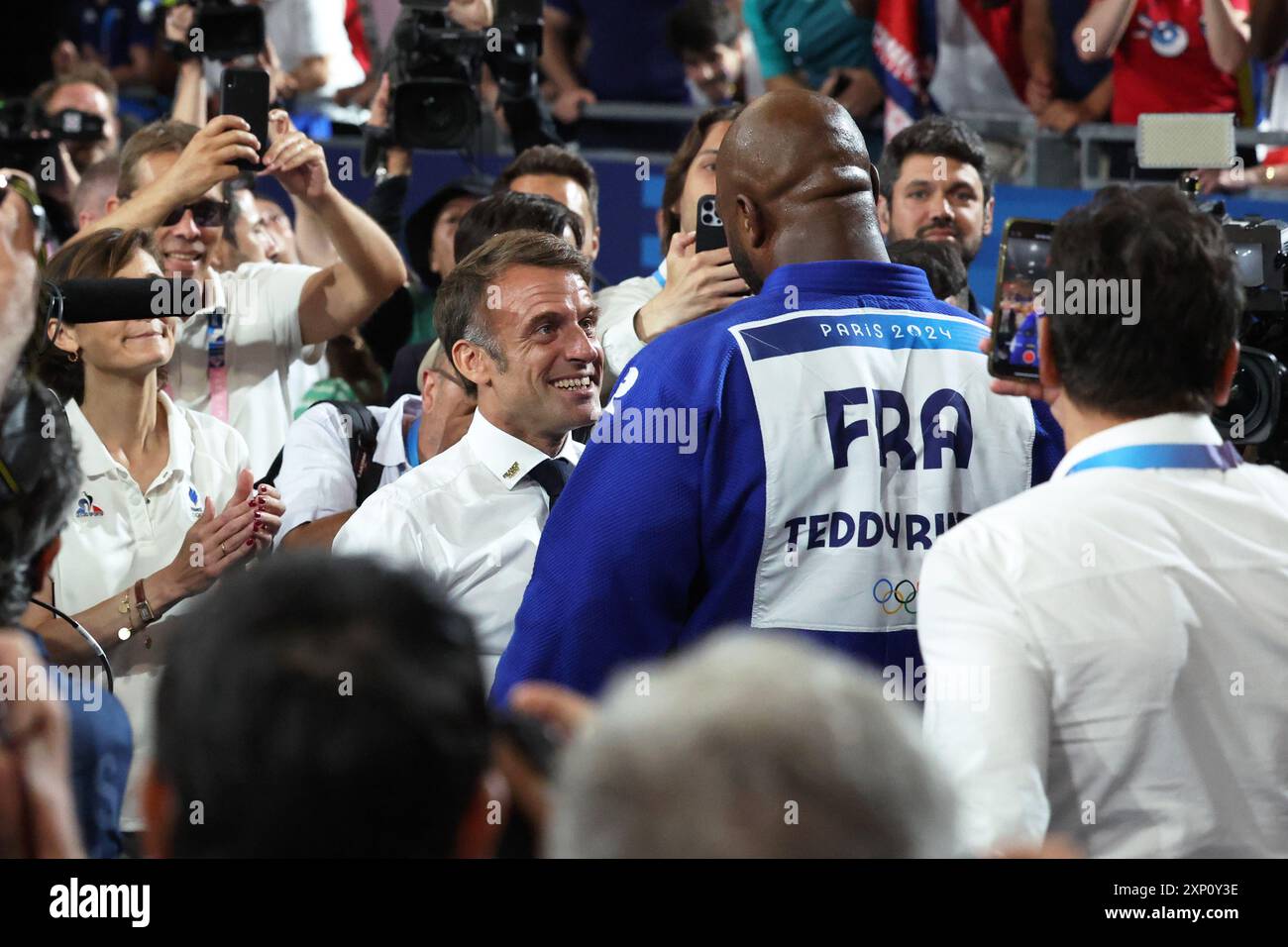 Paris, France. 2nd Aug, 2024. (L to R) Emmanuel Macron French President ...