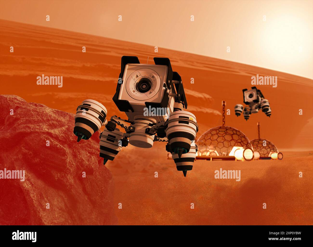 Drones flying at industrial complex on mars hi-res stock photography ...