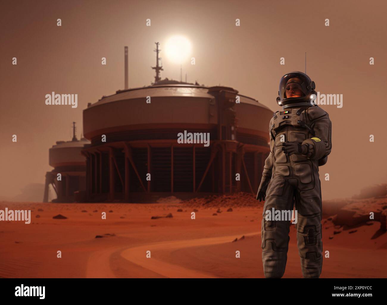 Astronaut on an industrial complex on Mars, illustration Stock Photo ...