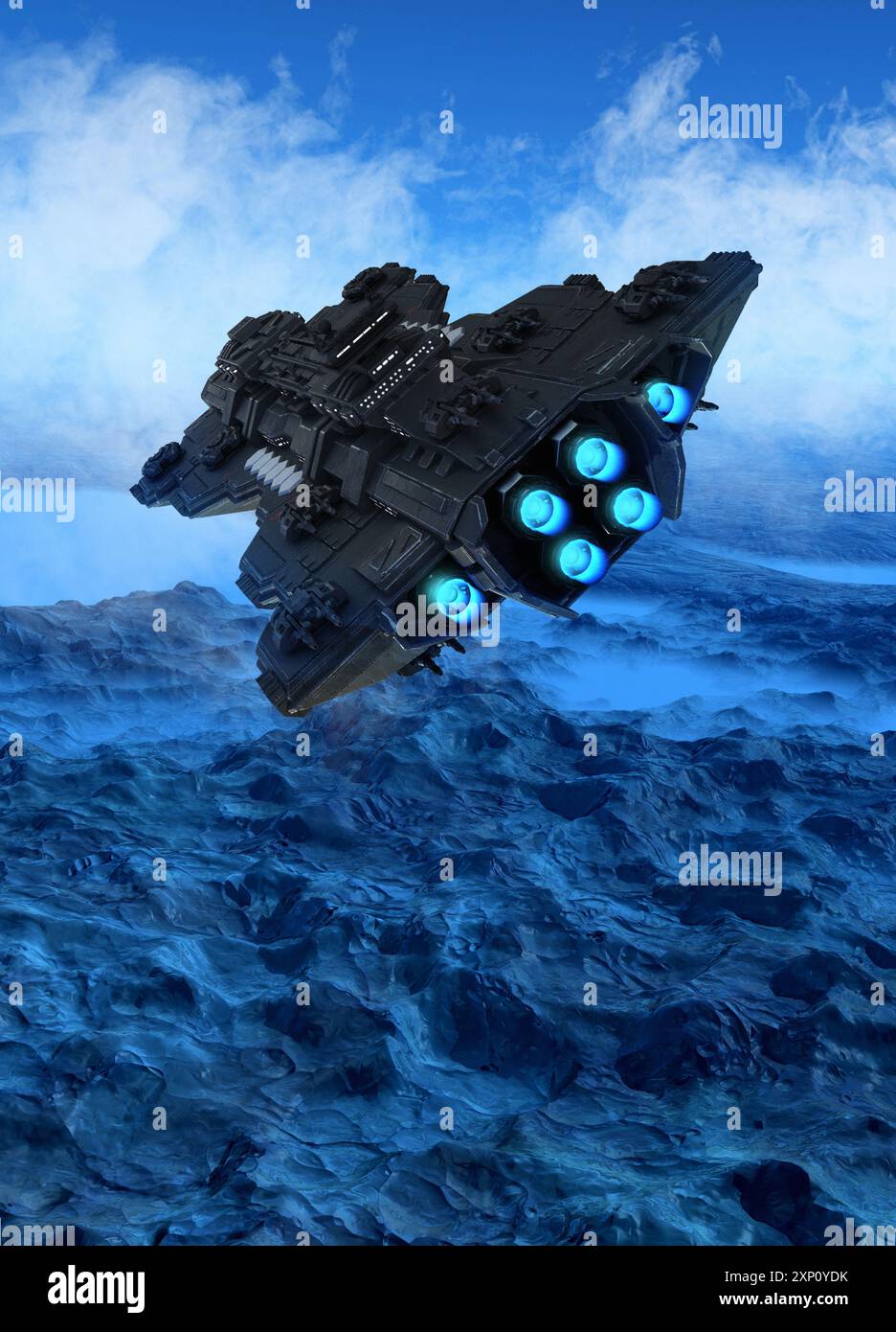 Spaceship in flight over planet surface, illustration Stock Photo - Alamy