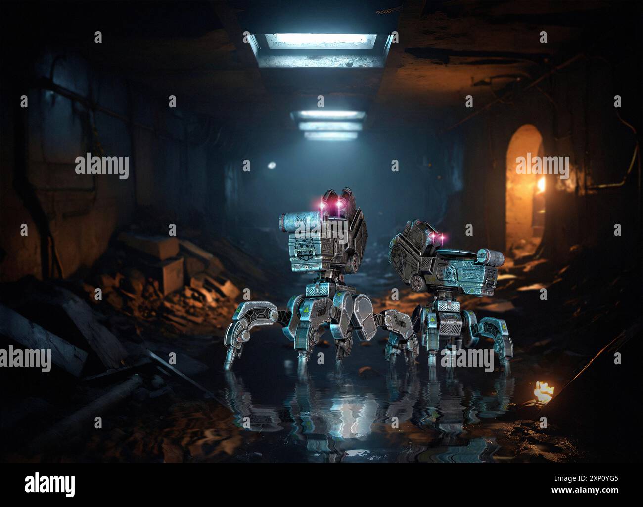 Industrial robots investigating damage in tunnel, illustration Stock ...