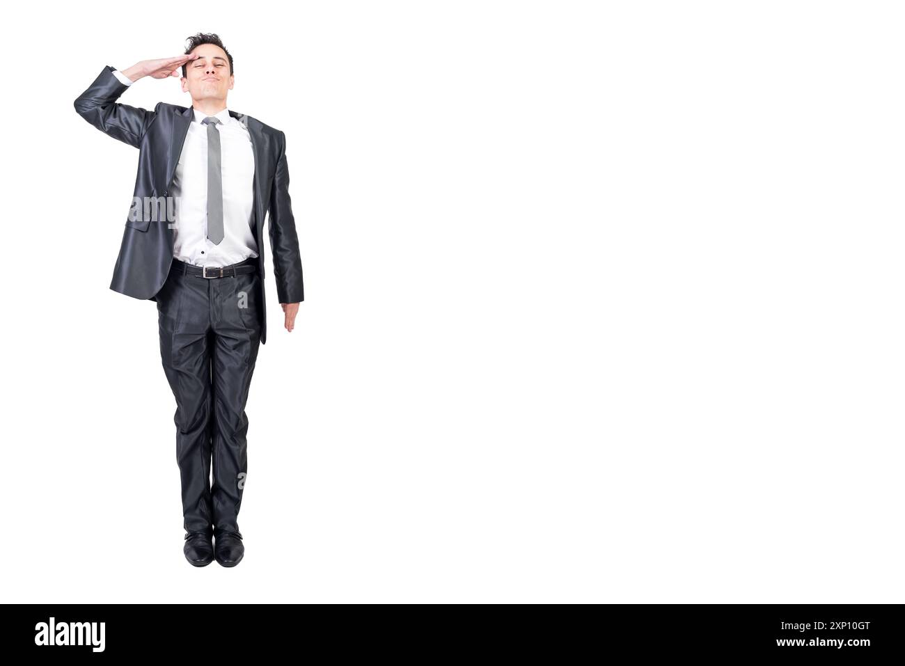Content man saluting in studio. White background Stock Photo - Alamy