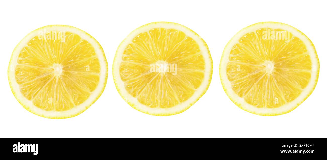 Top view set of three fresh yellow lemon halves is isolated on white ...