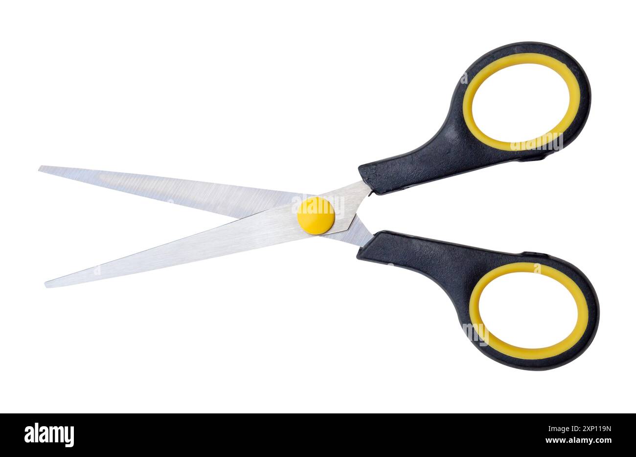 Top view of pair of multipurpose scissors with black and yellow handle ...