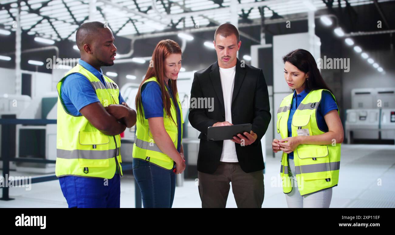 Meeting Manufacturing Manager At Factory. Team Leadership Presentation ...