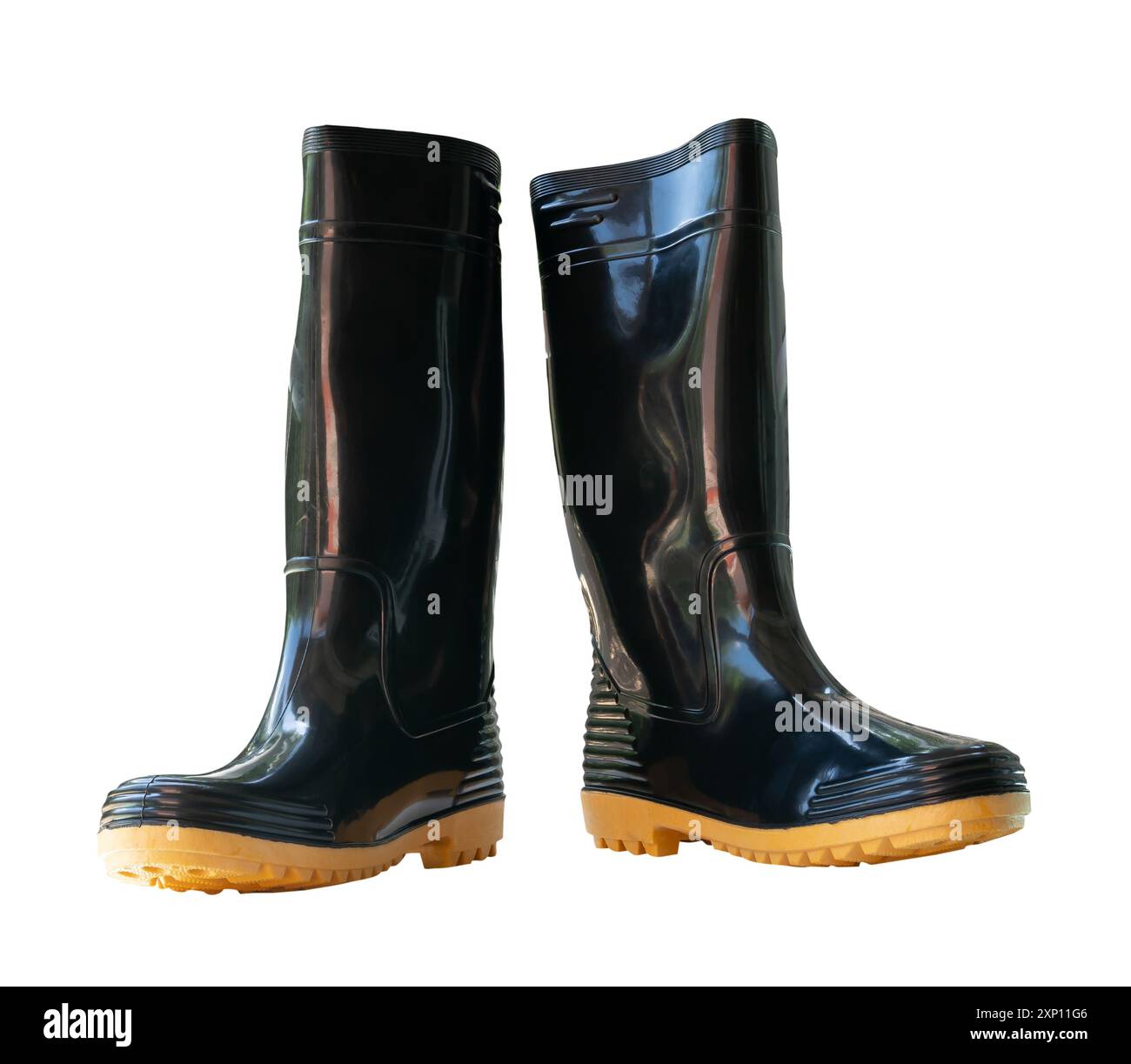 Front view of two sides of black gumboots or rubber boots is isolated ...