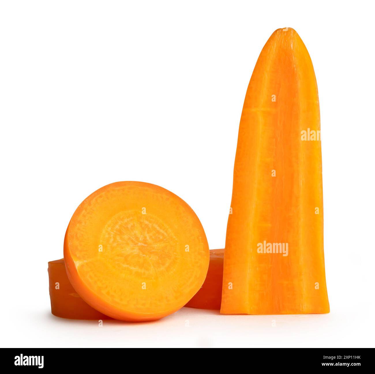 Front view of orange carrot slices or pieces in stack is isolated on ...