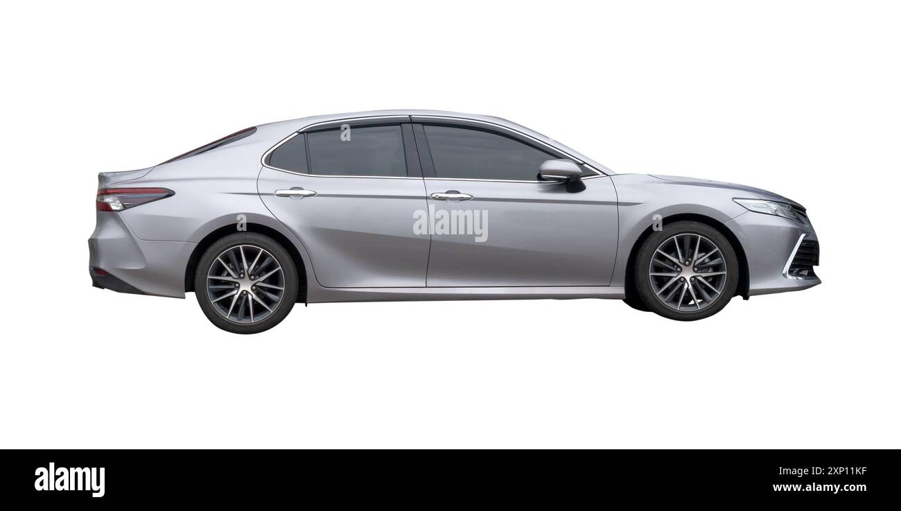 Side view of beautiful gray sedan car is isolated on white background ...