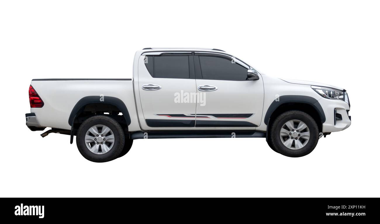 Side view of white pickup truck is isolated on white background with ...