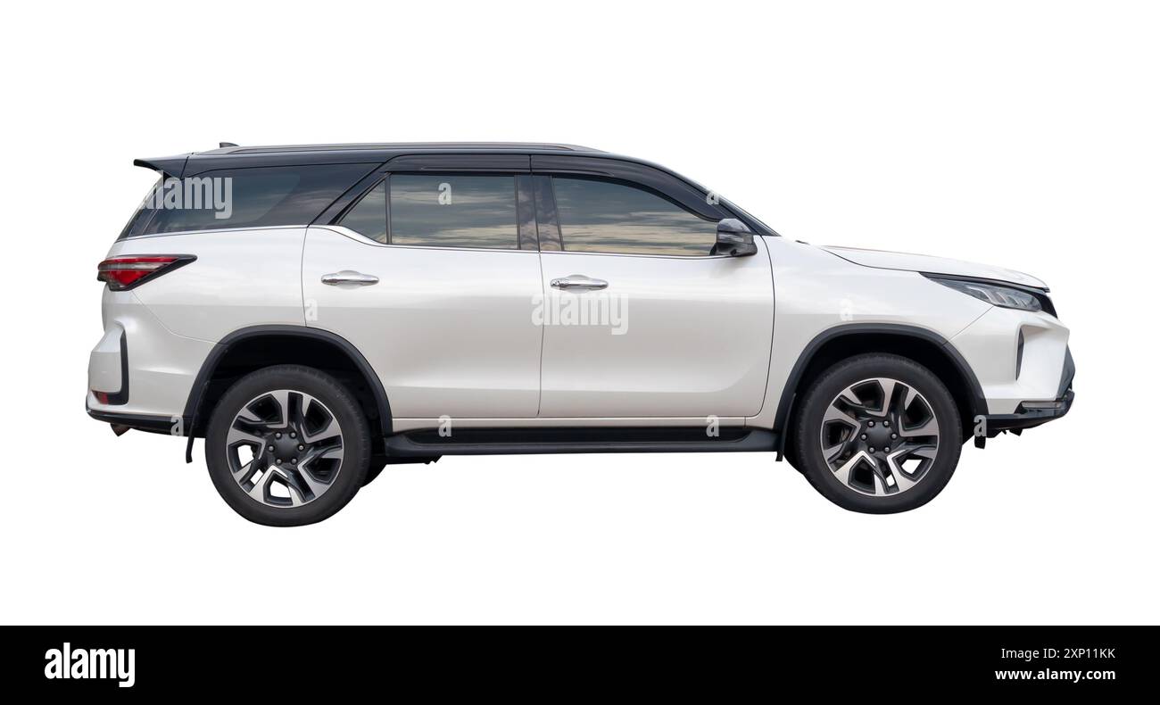 Side view of white SUV car is isolated on white background with ...