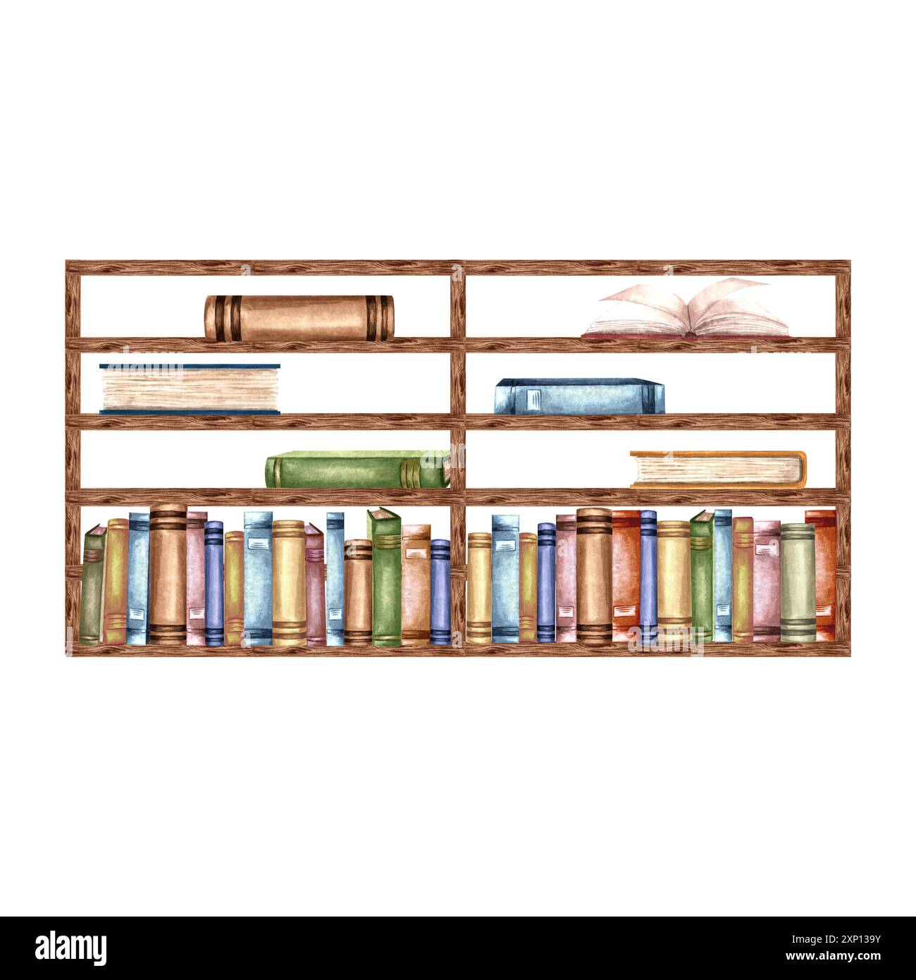 Books stacked in bookcase with wooden shelfs. Composition with old ...