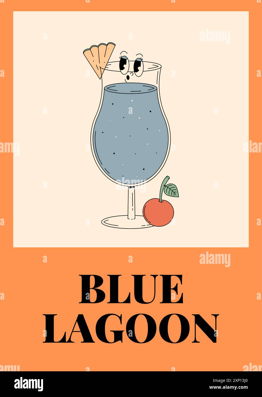 Groovy character Blue Lagoon. Retro summer poster with popular ...