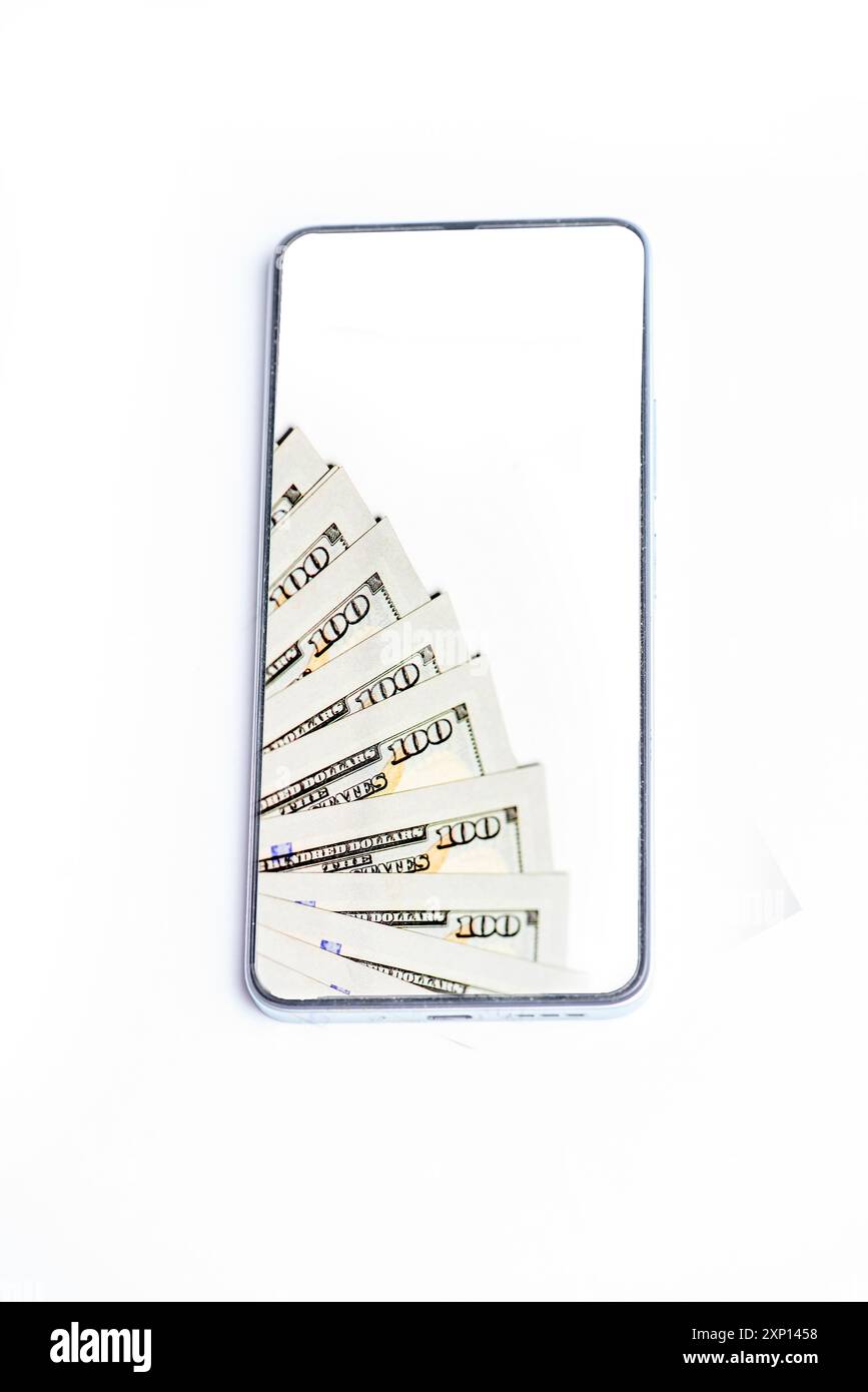 Smart phone and US one hundred dollar lock by phone screen isolated on ...