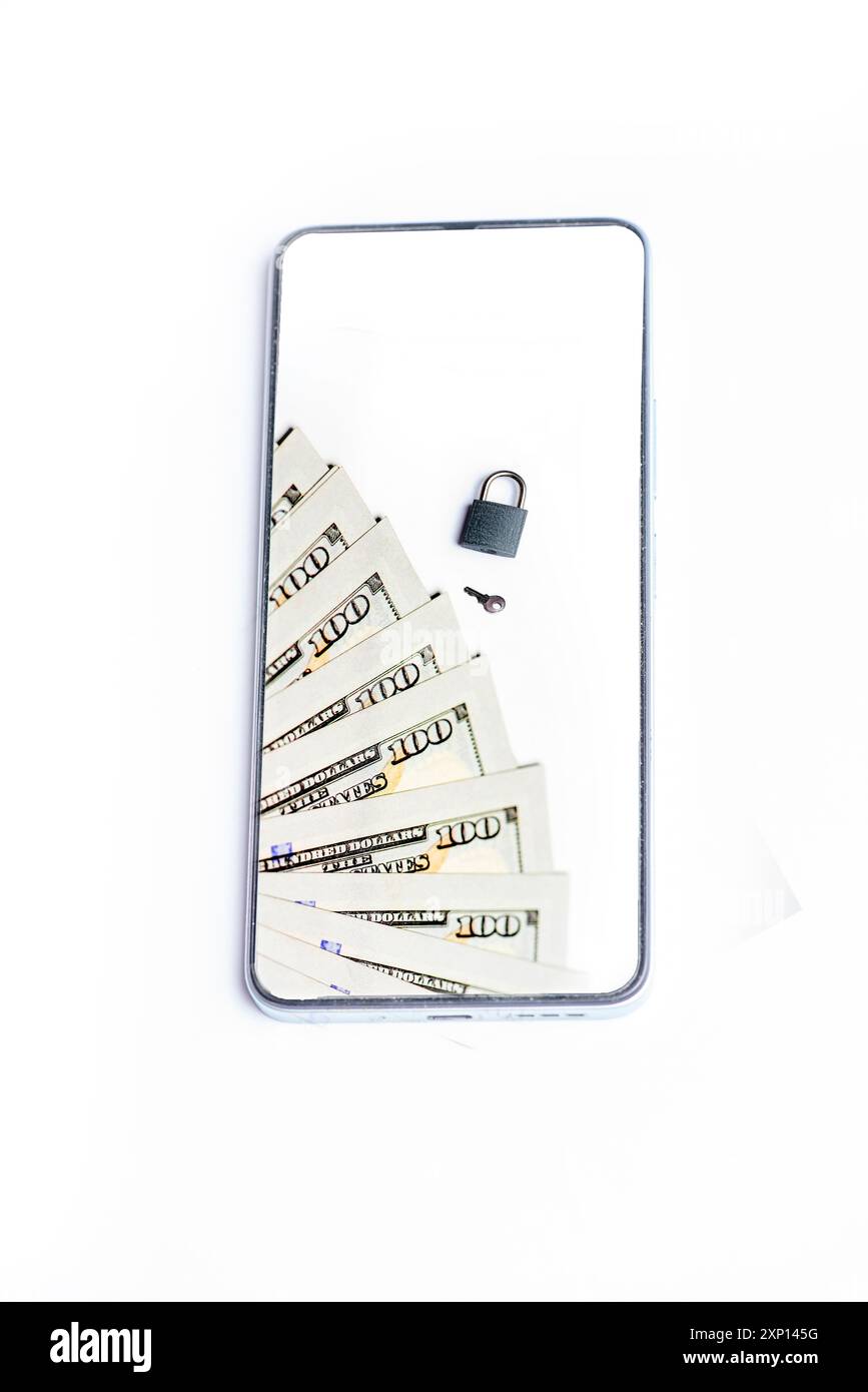 Smart phone and US one hundred dollar lock by phone screen isolated on ...