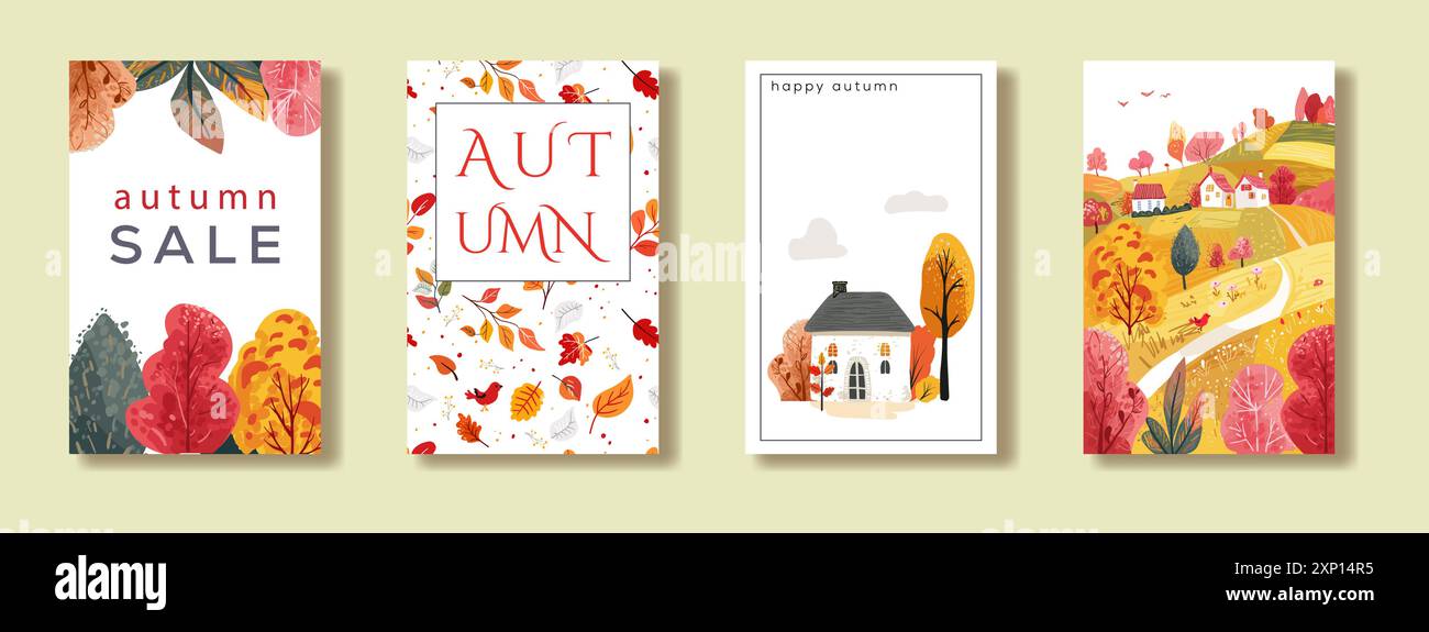 A set of vertical posters with autumn cards. Landscape hills. Nice ...