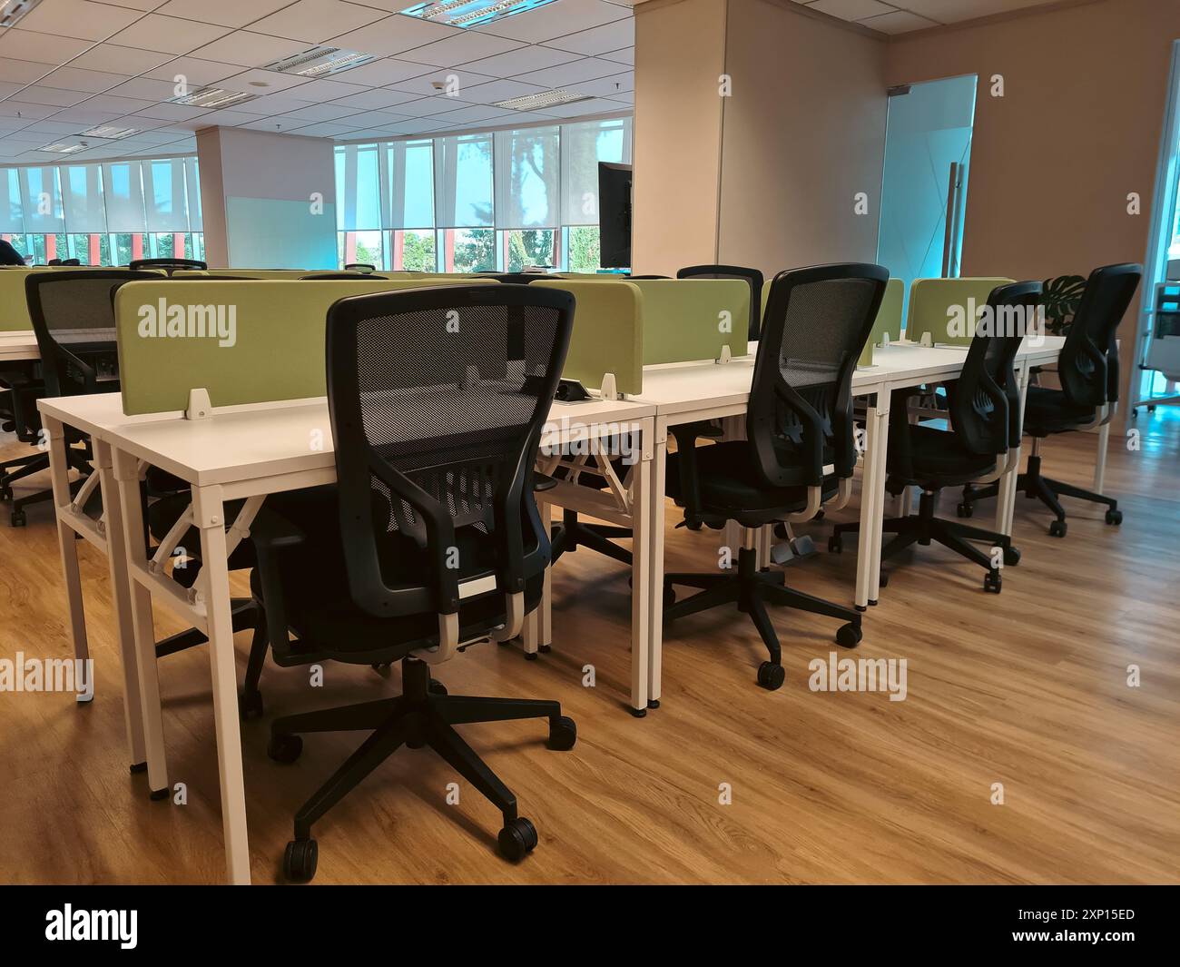 Empty workplace at modern office with small green cubicle separating ...