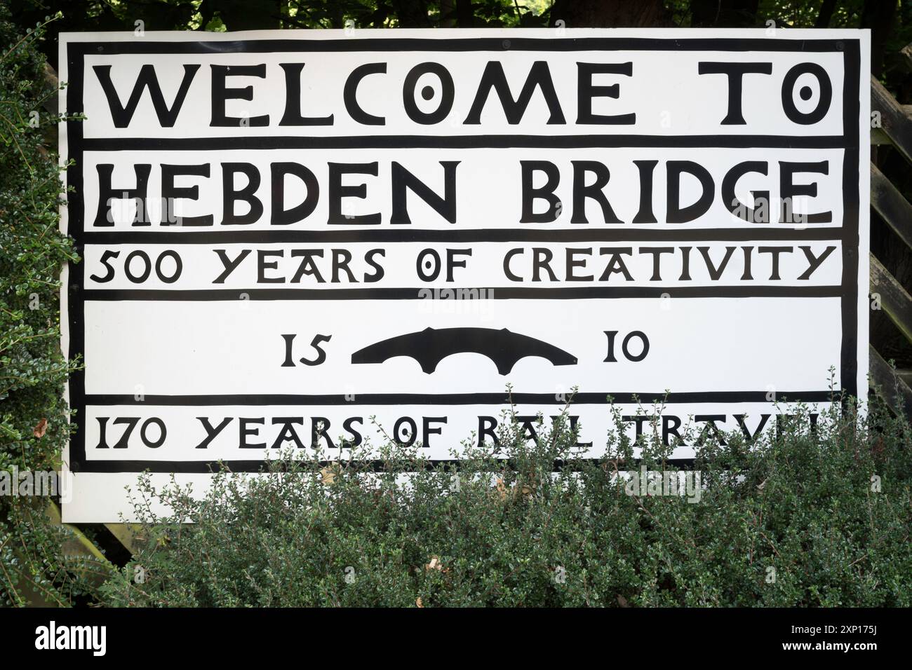 Sign Welcome to Hebden Bridge, seen at Hebden Bridge station, Yorkshire ...