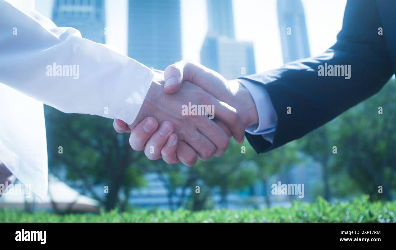 Meeting, handshake and business people in partnership for deal, welcome ...