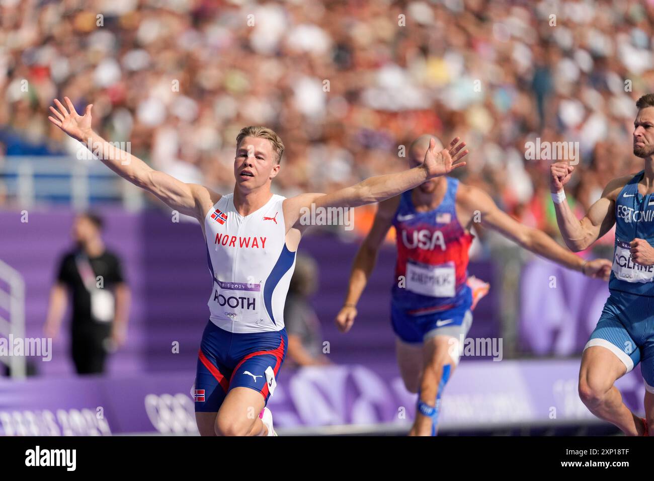 Markus Rooth, of Norway, celebrates after winning his decathlon 110 ...