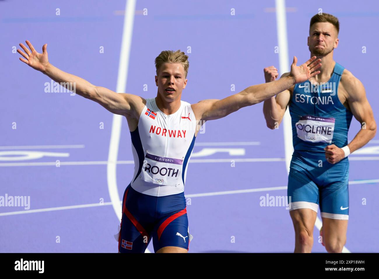 Markus Rooth, of Norway, celebrates after winning his decathlon 110 ...