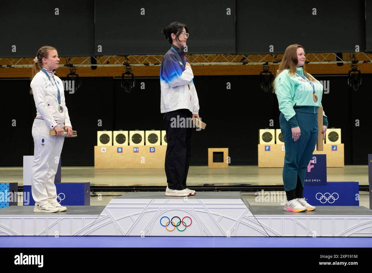 Gold medalist South Korea's Yang Jiin, center, silver medalist France's ...