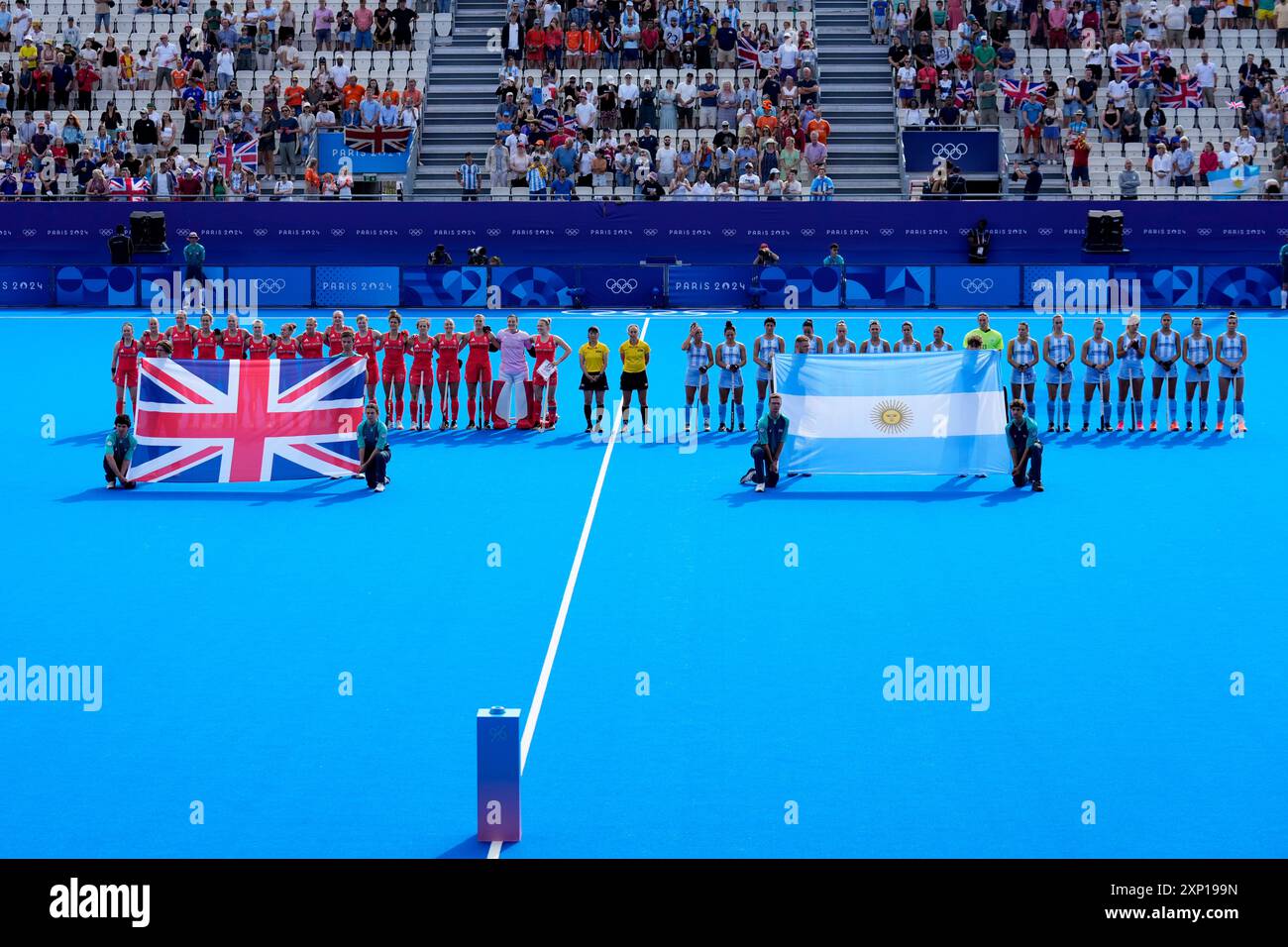 Players of the two teams line up before the start of the women's Group ...