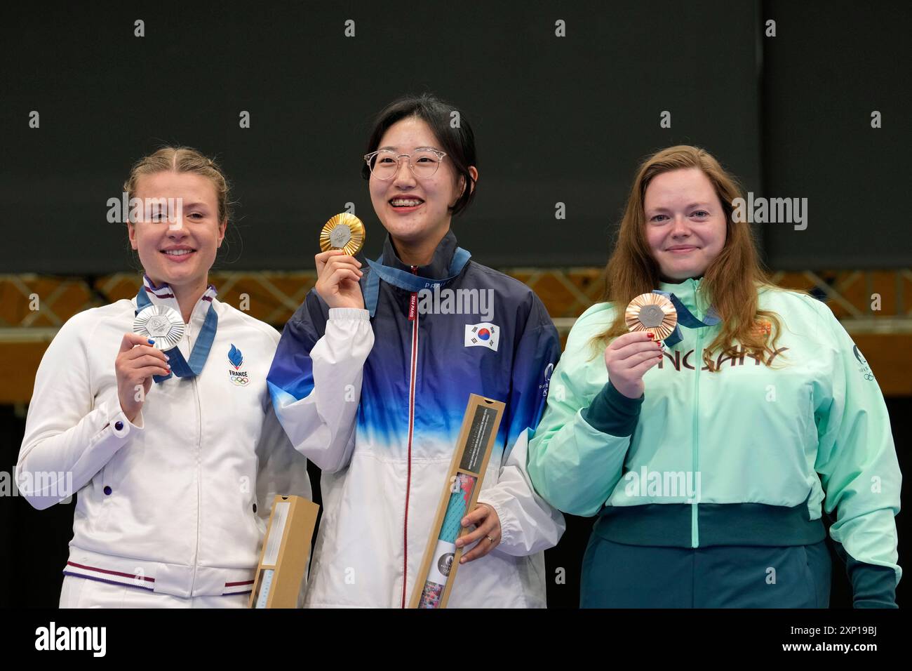 Gold medalist South Korea's Yang Jiin, center, silver medalist France's ...