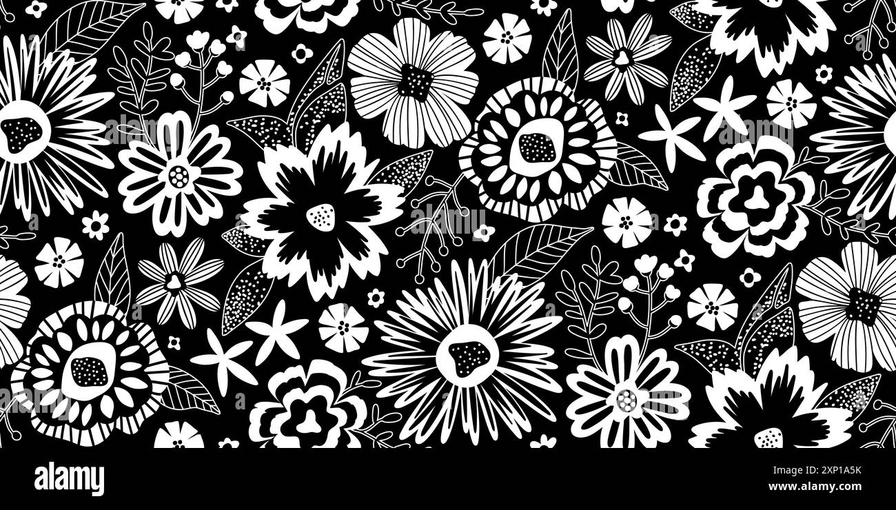 Half drop Floral Seamless Pattern of Fantasy Flowers in Black and White ...
