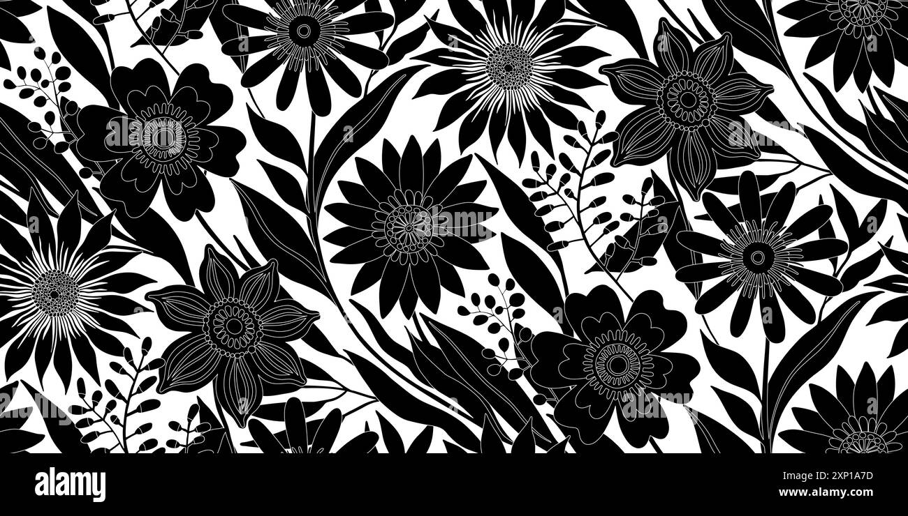 Half drop Floral Seamless Pattern of Silhouettes of Fantasy Flowers and ...