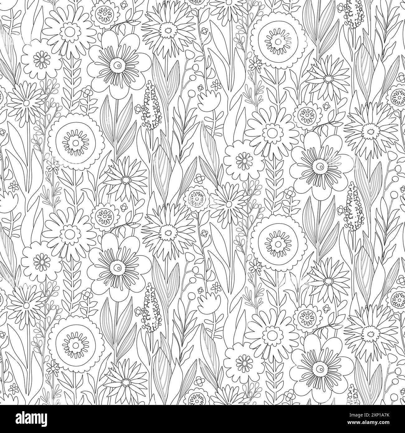 Half Drop Floral Seamless Pattern of Flowers and Leaves in Line Art ...