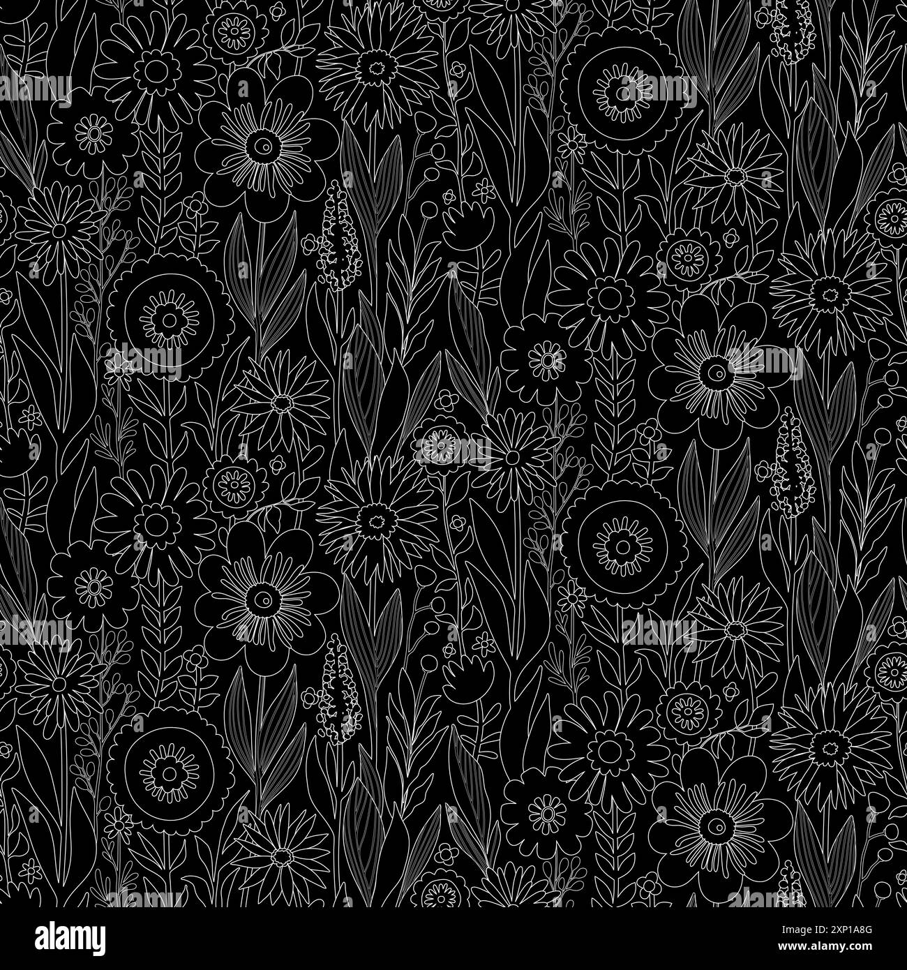 Half Drop Floral Seamless Pattern of Flowers and Leaves in Line Art ...