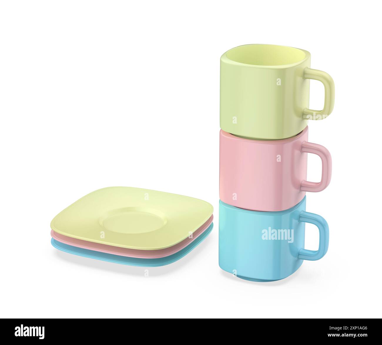 Three different colored ceramic coffee cups and saucers on a white ...