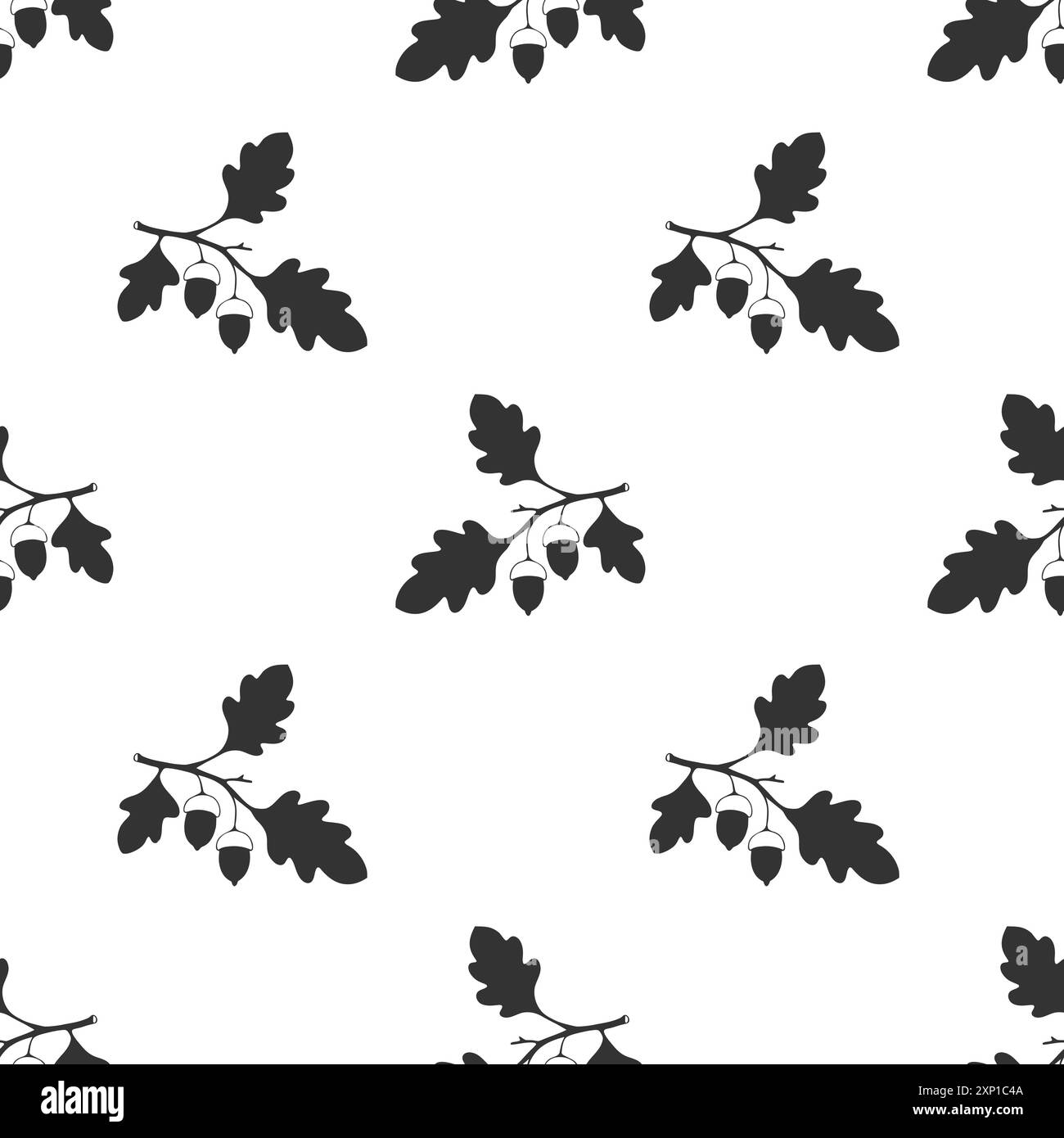 Pattern oak branch with acorns, black silhouette drawing on white ...