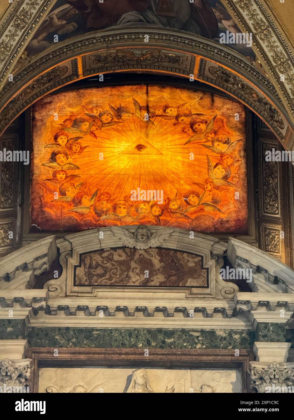 A painting of a sun with a triangle on it and a group of angels ...