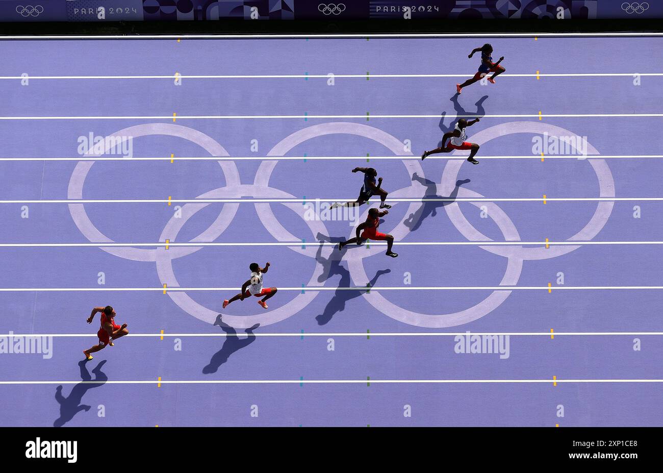 Paris, France. 3rd Aug, 2024. Athletes compete during the men's 100m ...