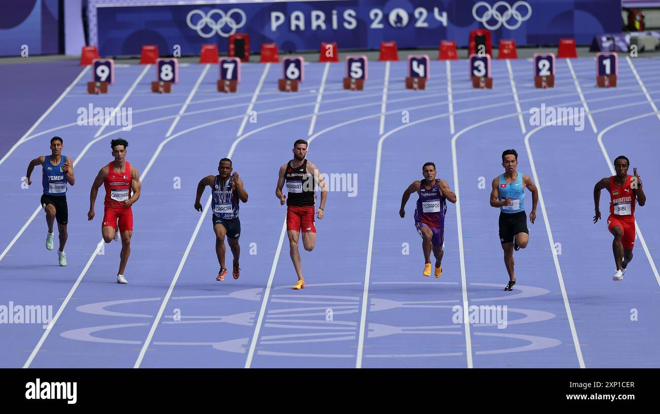 Paris, France. 3rd Aug, 2024. Athletes compete during the men's 100m ...