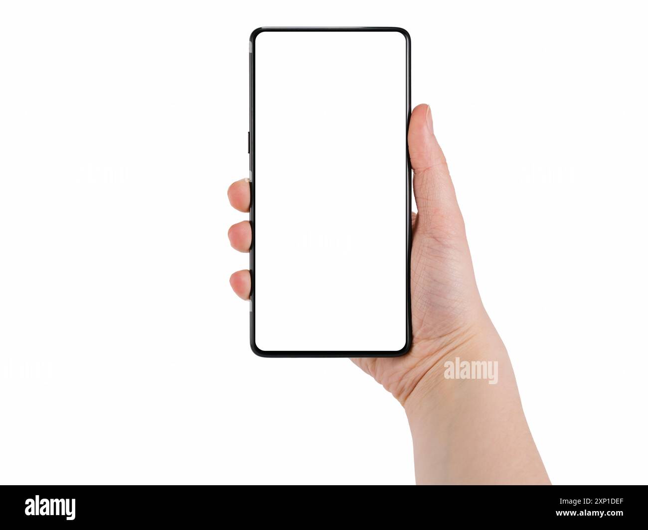 Young female hand holding bezel-less smartphone white screen isolated ...