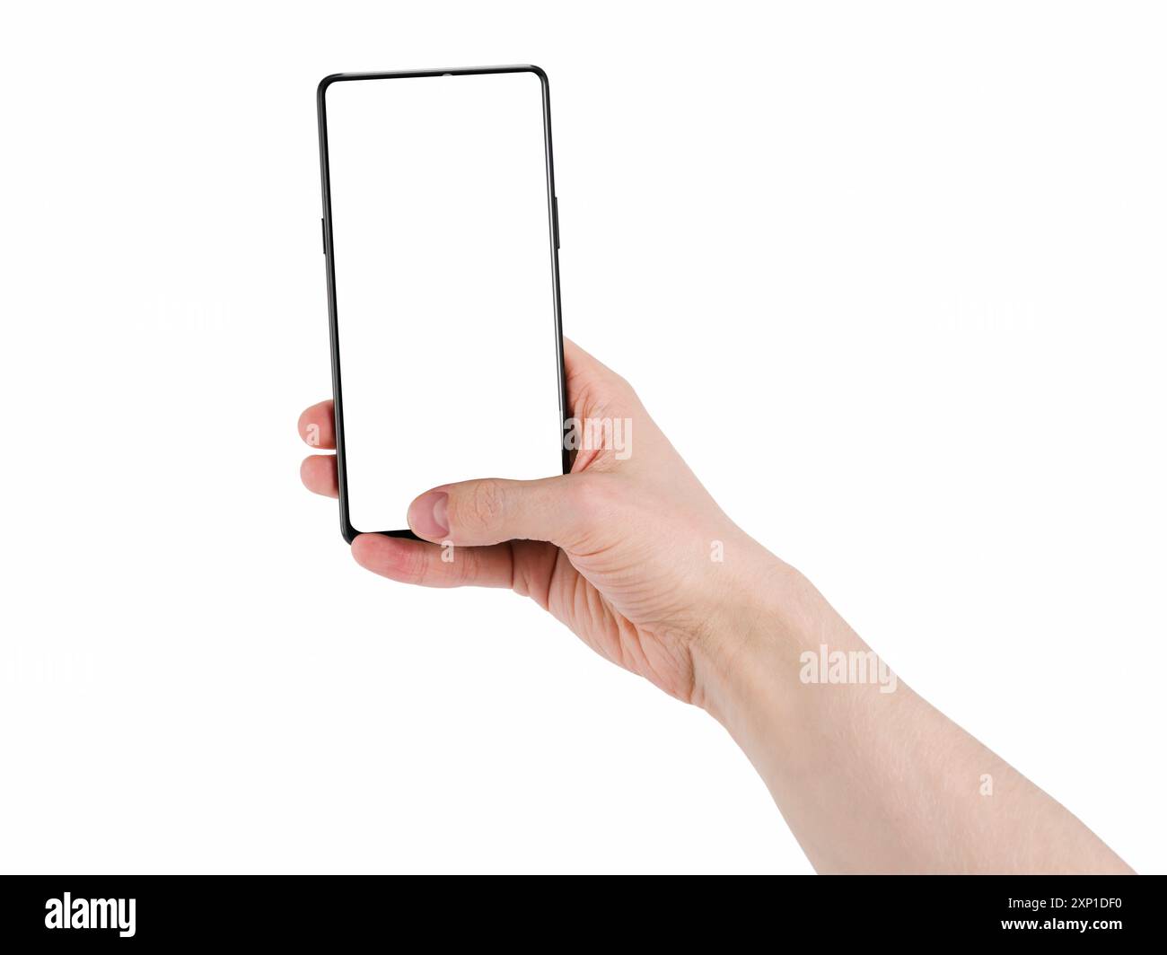 Young man hand holding bezel less smartphone isolated on white Stock ...