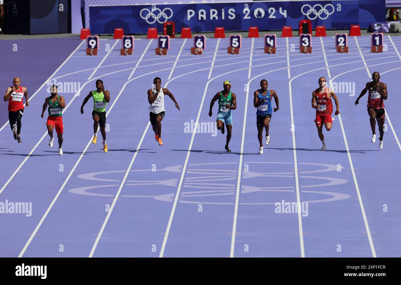 Paris, France. 3rd Aug, 2024. Athletes compete during the men's 100m ...