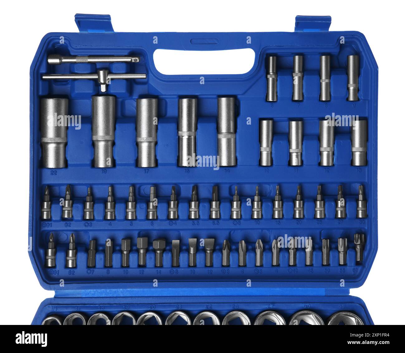 Set of auto mechanic's tools in box isolated on white, top view Stock ...