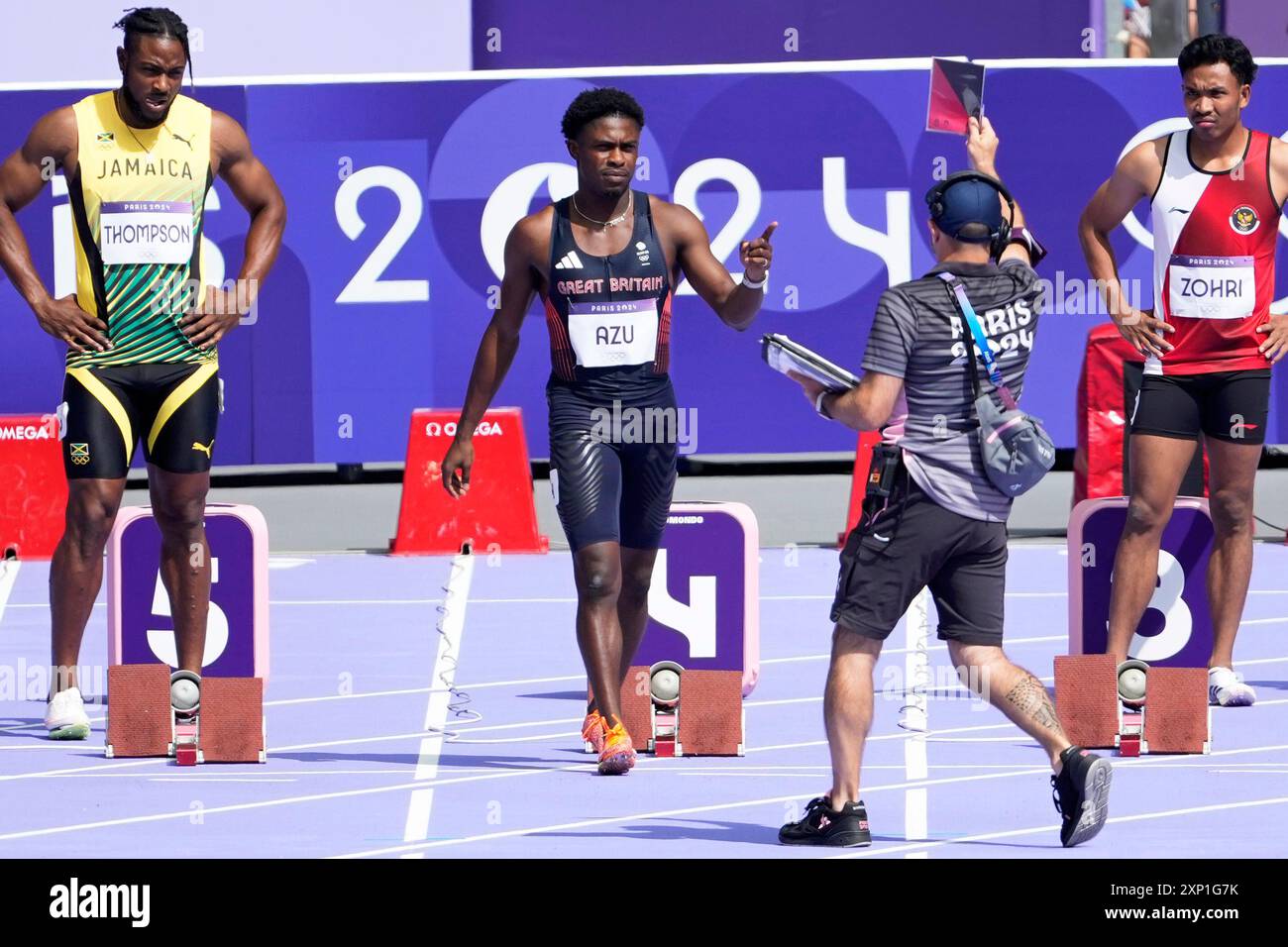 Jeremiah Azu, of Britain, is disqualified for a false start during a ...
